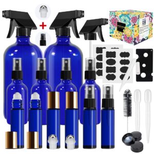 massugar glass spray bottles set - refillable blue bottle mixing kits is great for essential oils - fine mist 16 oz 2 pack, 2 oz 4 pack, 10 ml 2 pack and 10 ml roller bottles 4 pack