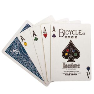 hesslers (blue) rider back playing cards, unique four-color suites (includes poker hand reference cards)