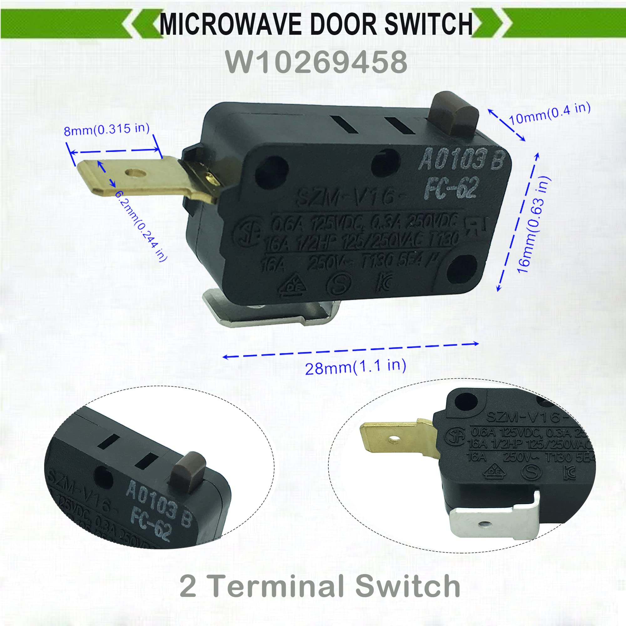 LONYE W10727360 & W10269458 & W10269460 Microwave Door Switch Replacement for Whirlpool Microwave SZM-V16-FC-61 SZM-V16-FC-62 SZM-V16-FC-63