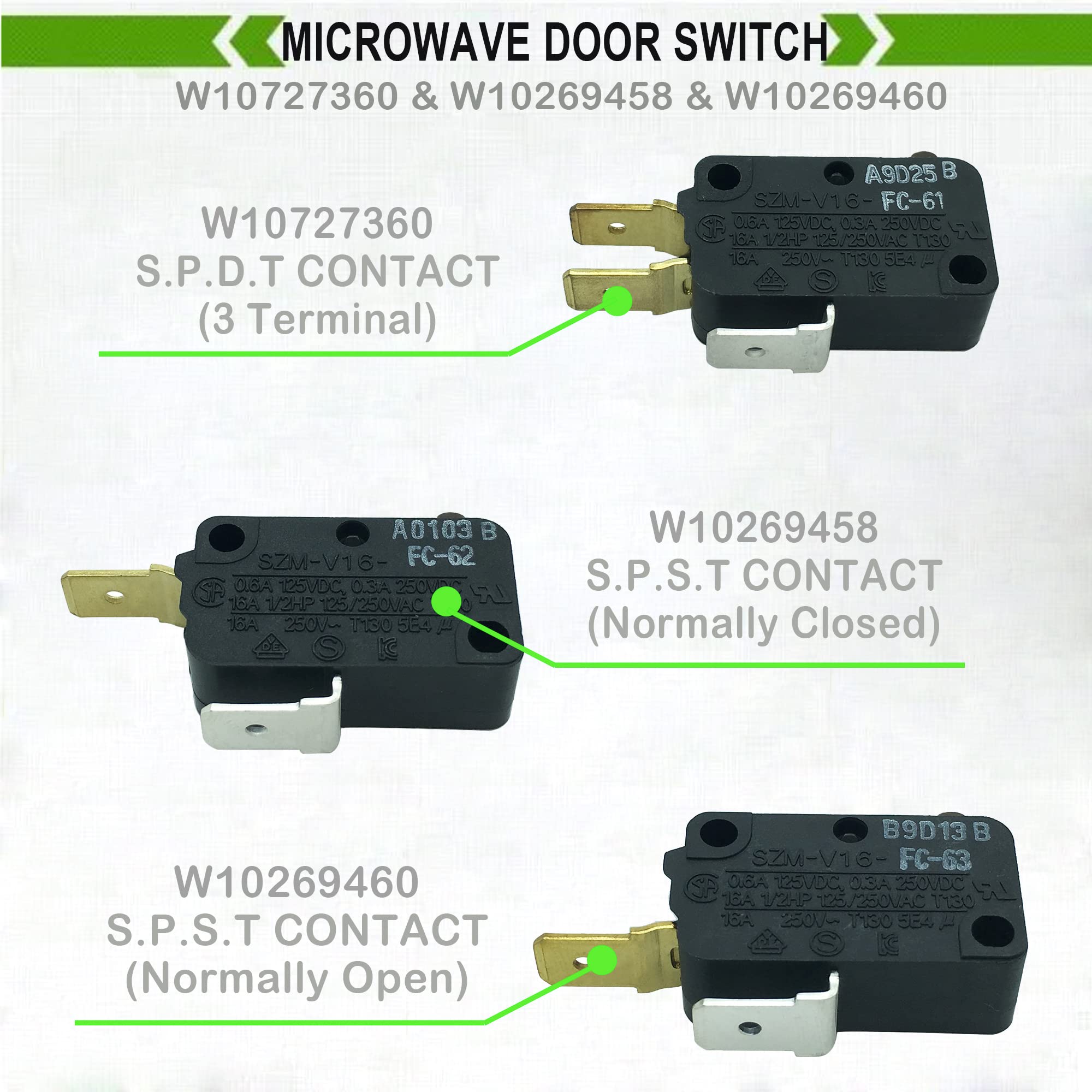 LONYE W10727360 & W10269458 & W10269460 Microwave Door Switch Replacement for Whirlpool Microwave SZM-V16-FC-61 SZM-V16-FC-62 SZM-V16-FC-63