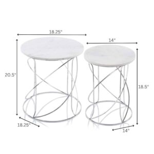 Modern Day Accents Giro White Marble Set of 2 Nesting Table, silver