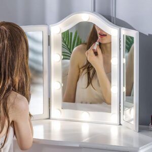 luxfurni vanity lighted tri-fold makeup mirror with 10 dimmable led bulbs, touch control lights tabletop hollywood cosmetic mirror (white)