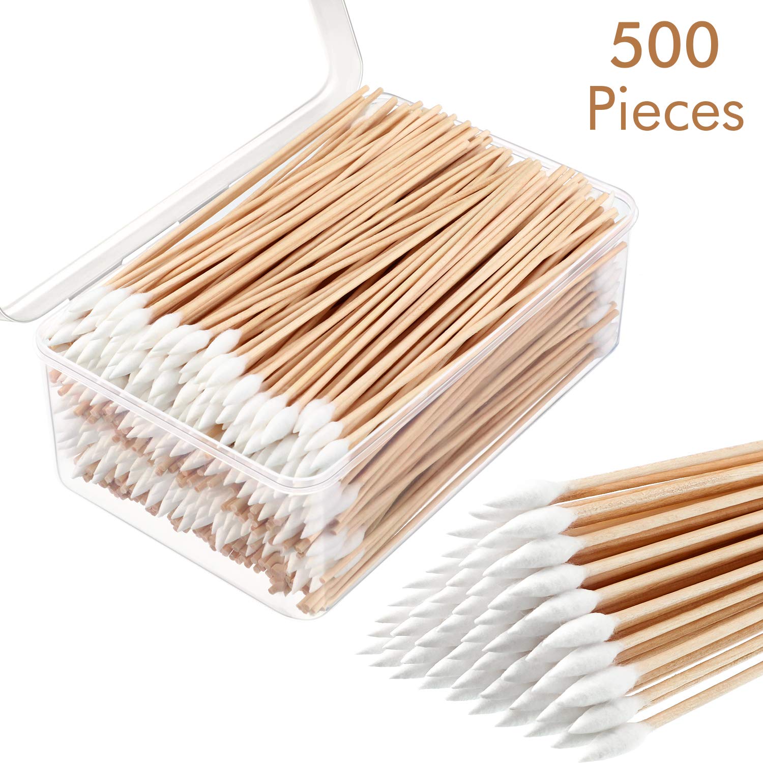 Norme 6 Inch 500 Pcs Long Cotton Swabs with Wooden Handles Cleaning Swabs Cotton Buds for Oil Makeup Eye Ears Eyeshadow Brush and Remover Tool in Storage Case(Round Tip)