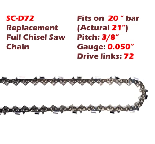 Reliable (2-PACK) Replacement D72 Full Chisel Saw Chain for 20 Inch Bar (actual 21"), Fits Husqvarna, Poulan, Craftsman, Makita, Stihl and others