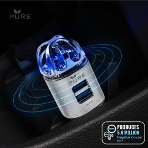 Car Air Purifier 3in1 Premium Stainless Steel Air Filter Ionizer w/Dual USB Quick Charge 3.0 USB-Eliminate Allergens Odor Smell, Smoke, Pets, Pollen Mold Bacteria w/Anti-Microbial Deodorizer (Silver)