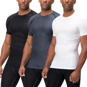 DEVOPS 3 Pack Men's Cool Dry Short Sleeve Compression Shirts, Sports Baselayer T-Shirts Tops, Athletic Workout Shirt (Medium, Black/Charcoal/White)