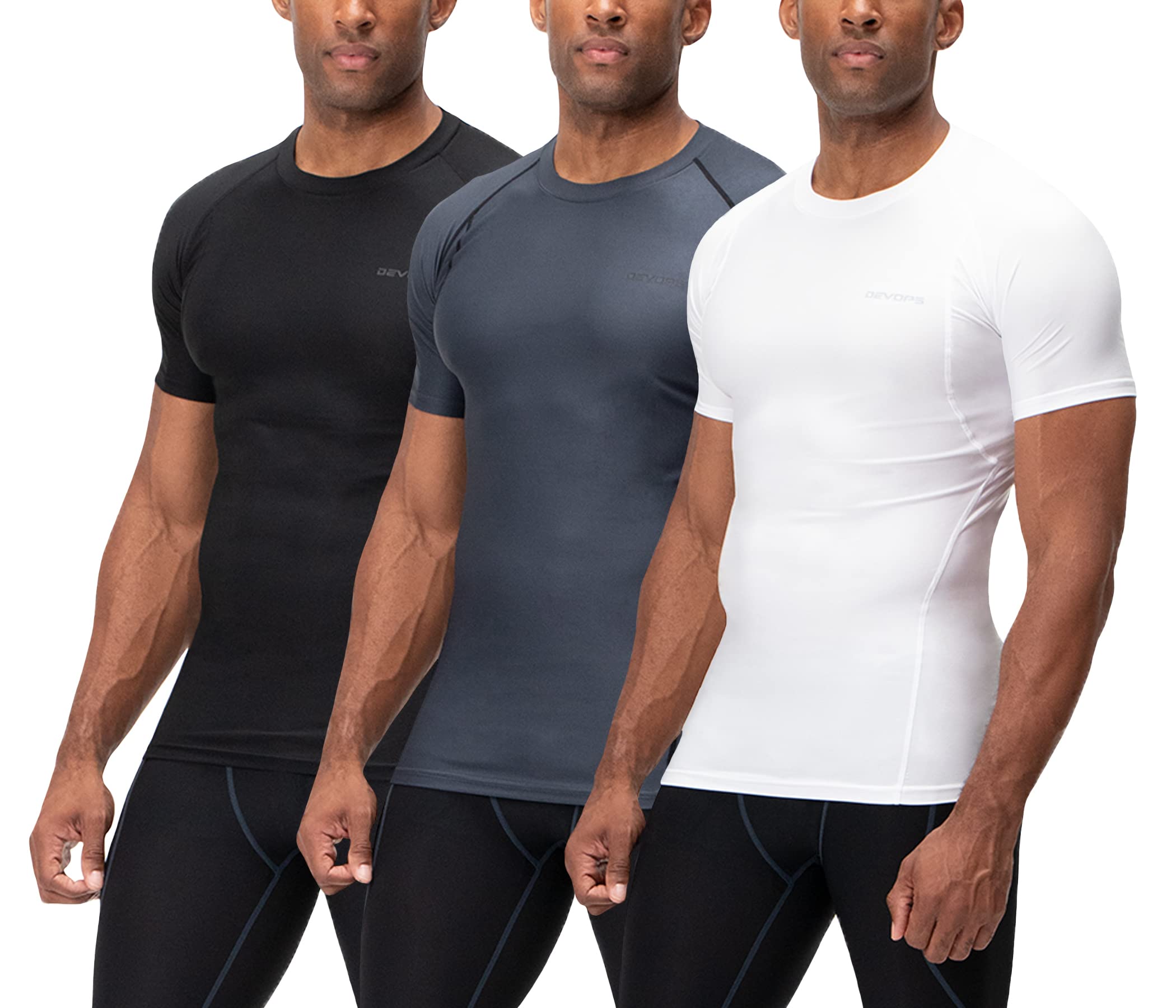 DEVOPS 3 Pack Men's Cool Dry Short Sleeve Compression Shirts, Sports Baselayer T-Shirts Tops, Athletic Workout Shirt (Medium, Black/Charcoal/White)