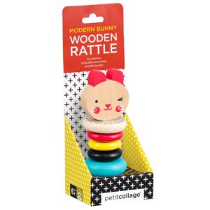 petit collage wooden baby rattle, bunny – cute wooden rattle for babies 6+ months – activity toy with vibrant colors and patterns for developmental/grasping stages – makes an ideal baby gift