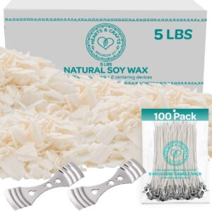 hearts & crafts natural soy wax for candle making - 5lbs natural soy wax - 100 6-inch pre-waxed candle wicks, 2 metal centering devices, 5lbs soy wax flakes - candle wax for candle making wax supplies