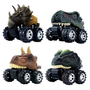 dinobros pull back dinosaur car toys 4 pack dino toys for 3 year old boys and toddlers t-rex dinosaur games monster trucks