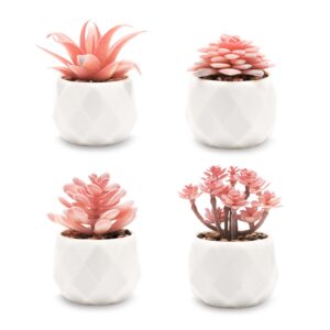 viverie mini succulents plants artificial in pots-rose pink, small fake succulents plants for home decor indoor for women, white ceramic, set of 4