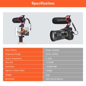 comica Universal Video Microphone, CVM-V30 LITE Super-Cardioid Directional Shotgun Camera Microphone for Canon Nikon Sony Fuji DSLR Cameras and iPhone Android Smartphones(Red)