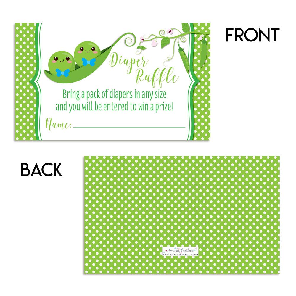 Two Peas In A Pod Twin Boys Diaper Raffle Tickets for Baby Showers, 20 2" X 3” Double Sided Insert Cards for Games by AmandaCreation, Bring a Pack of Diapers to Win Favors & Prizes!