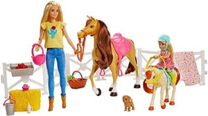 barbie playset and chelsea blonde dolls, 2 horses with bobbling heads and 15+ toy accessories that include corral fencing, feeding, grooming, nurturing and horseback riding pieces