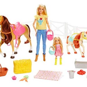 Barbie Playset and Chelsea Blonde Dolls, 2 Horses with Bobbling Heads and 15+ Toy Accessories That Include Corral Fencing, Feeding, Grooming, Nurturing and Horseback Riding Pieces