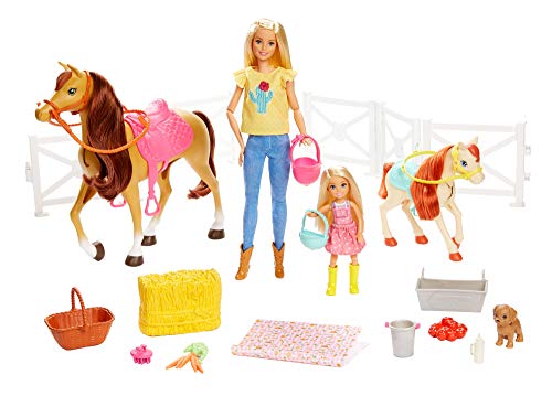 Barbie Playset and Chelsea Blonde Dolls, 2 Horses with Bobbling Heads and 15+ Toy Accessories That Include Corral Fencing, Feeding, Grooming, Nurturing and Horseback Riding Pieces