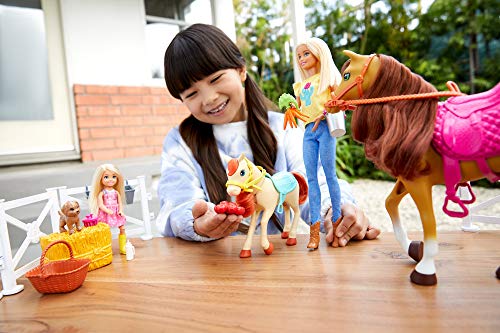 Barbie Playset and Chelsea Blonde Dolls, 2 Horses with Bobbling Heads and 15+ Toy Accessories That Include Corral Fencing, Feeding, Grooming, Nurturing and Horseback Riding Pieces