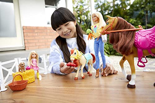 Barbie Playset and Chelsea Blonde Dolls, 2 Horses with Bobbling Heads and 15+ Toy Accessories That Include Corral Fencing, Feeding, Grooming, Nurturing and Horseback Riding Pieces