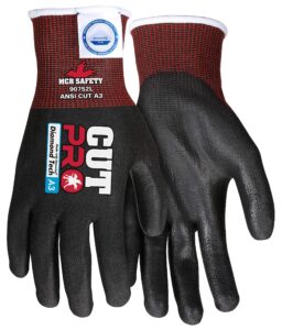 mcr safety 90752m cut pro 15 gauge dyneema diamond work gloves, cut protection gloves with polyurethane coated palm & fingertips, medium