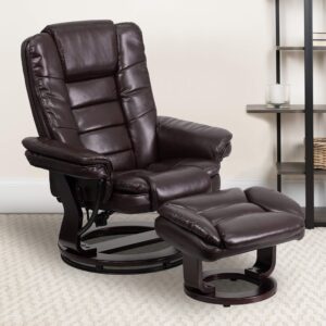 emma + oliver multi-position stitched recliner & ottoman with swivel base in brown leathersoft