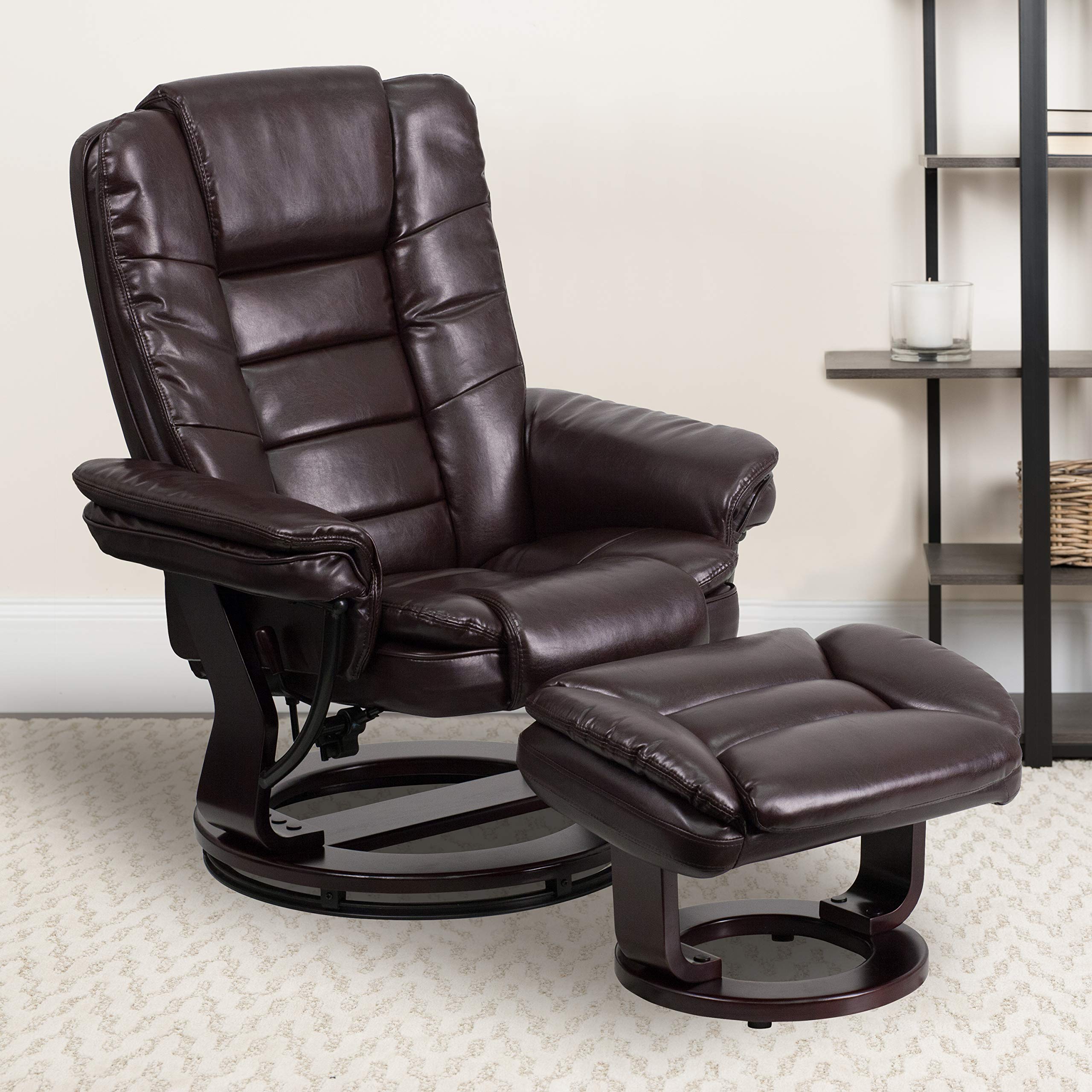 EMMA + OLIVER Multi-Position Stitched Recliner & Ottoman with Swivel Base in Brown LeatherSoft