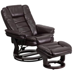 EMMA + OLIVER Multi-Position Stitched Recliner & Ottoman with Swivel Base in Brown LeatherSoft