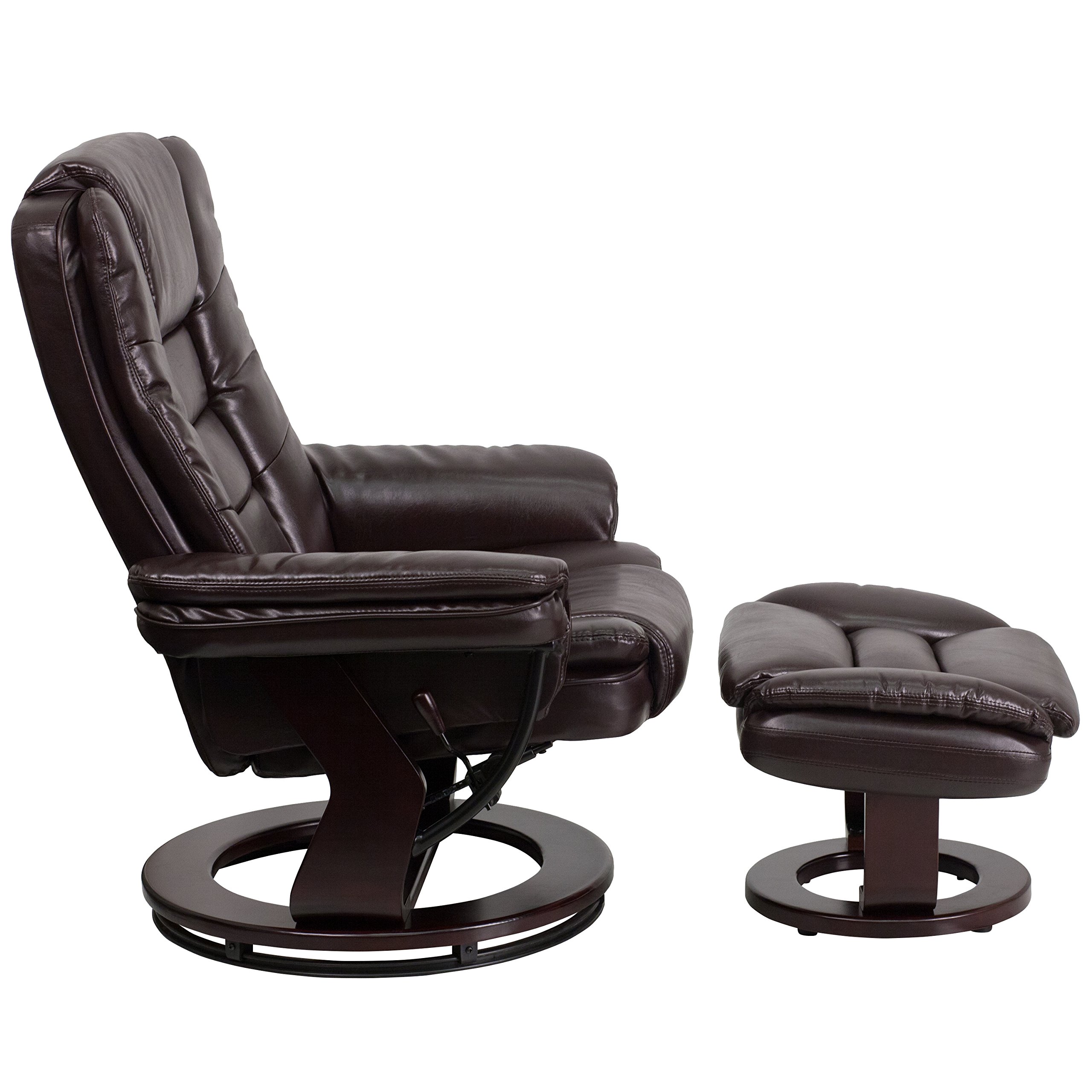 EMMA + OLIVER Multi-Position Stitched Recliner & Ottoman with Swivel Base in Brown LeatherSoft