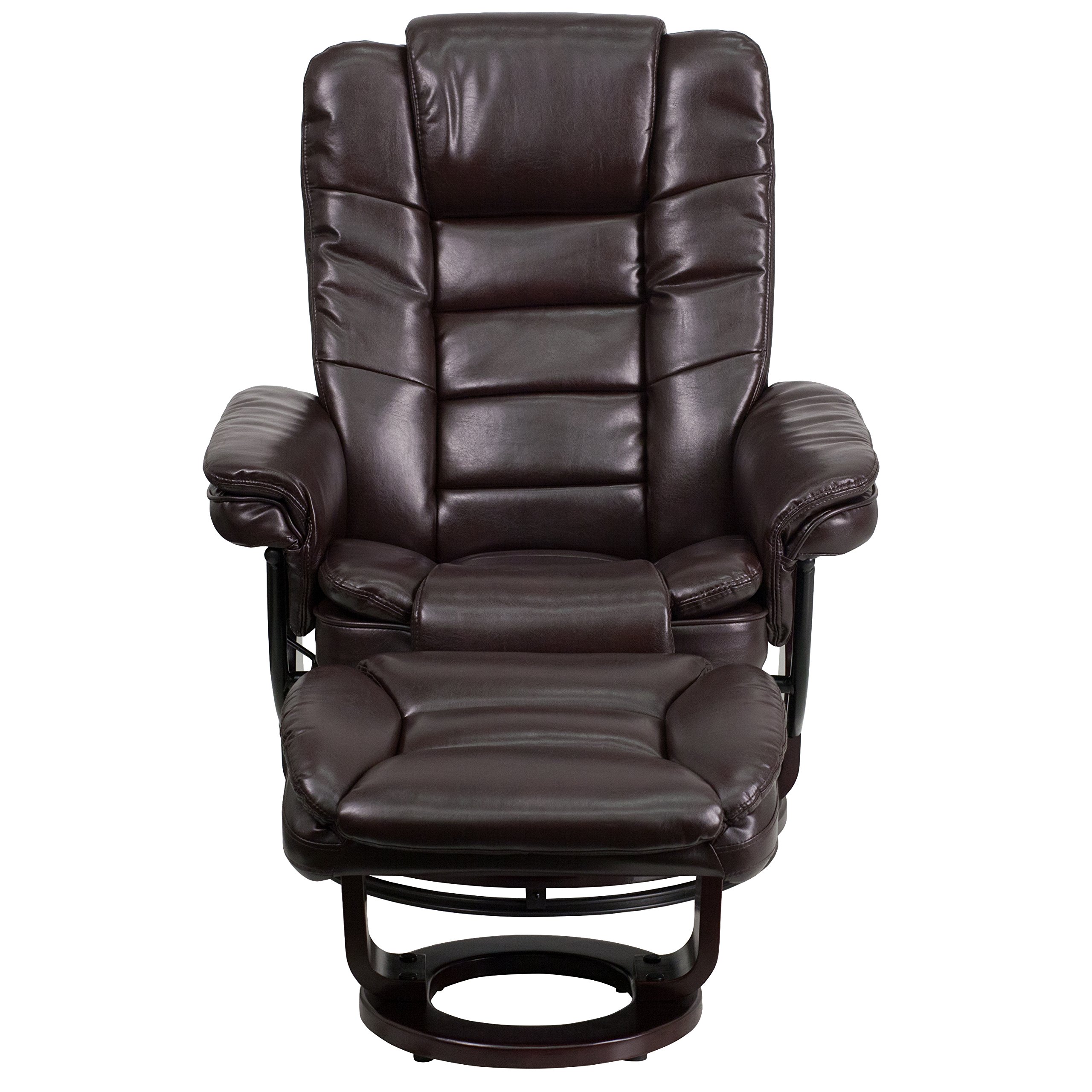 EMMA + OLIVER Multi-Position Stitched Recliner & Ottoman with Swivel Base in Brown LeatherSoft