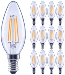 (12 pack) 60-watt equivalent led e12 candelabra base b11 dimmable clear filament vintage style light bulb 2700k warm white decorative 60w led chandelier ceiling fan bulbs. (new version)