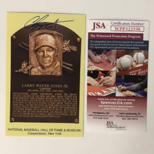 autographed/signed chipper jones hof hall of fame baseball plaque postcard jsa coa