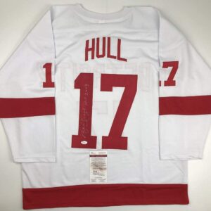 autographed/signed brett hull hof 2009 detroit white hockey jersey jsa coa