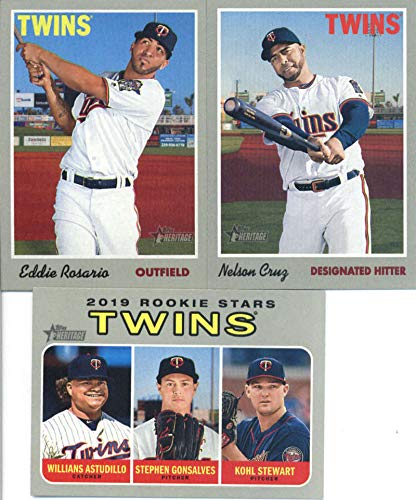 2019 Topps Heritage Baseball Minnesota Twins Team Set of 9 Cards: Eddie Rosario(#25), Nelson Cruz(#134), C.J. Cron(#204), Miguel Sano(#226), Ervin Santana(#336), Max Kepler(#378), Jorge Polanco(#379), Mitch Garver(#383), Kohl Stewart/Willians Astudillo/St