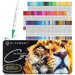 hethrone markers for adult coloring - 100 colors dual tip brush pens art markers set, fine tip markers for calligraphy painting drawing lettering (100 colors white lion)