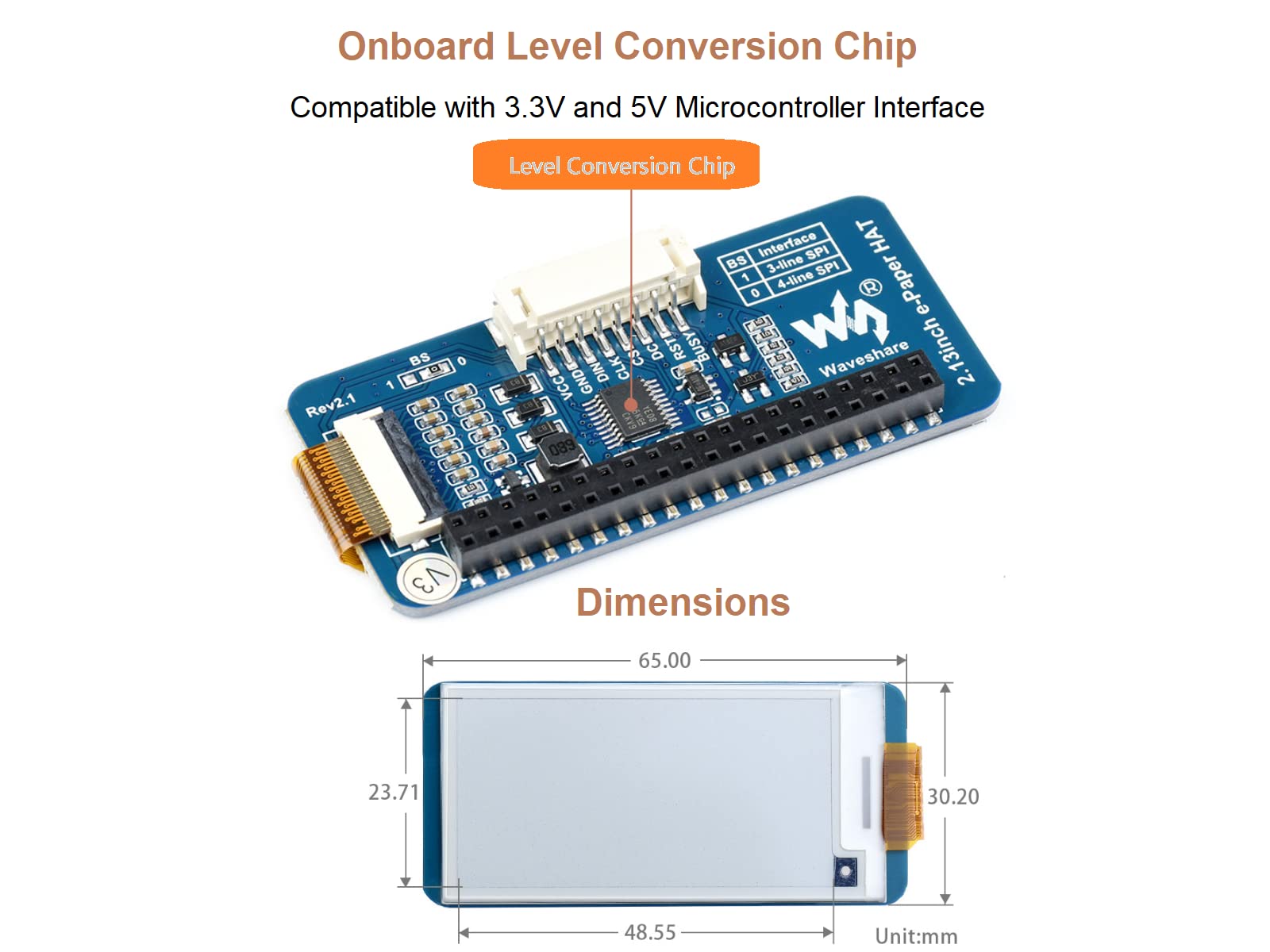 2.13inch E-Ink Display HAT V4 Version, 250x122 Resolution 3.3V/5V Black White Two-Color e-paper Screen Module for Raspberry Pi Zero/Zero W/Zero WH/2B/3B/3B+/4B, Supports Partial Refresh, SPI Interface