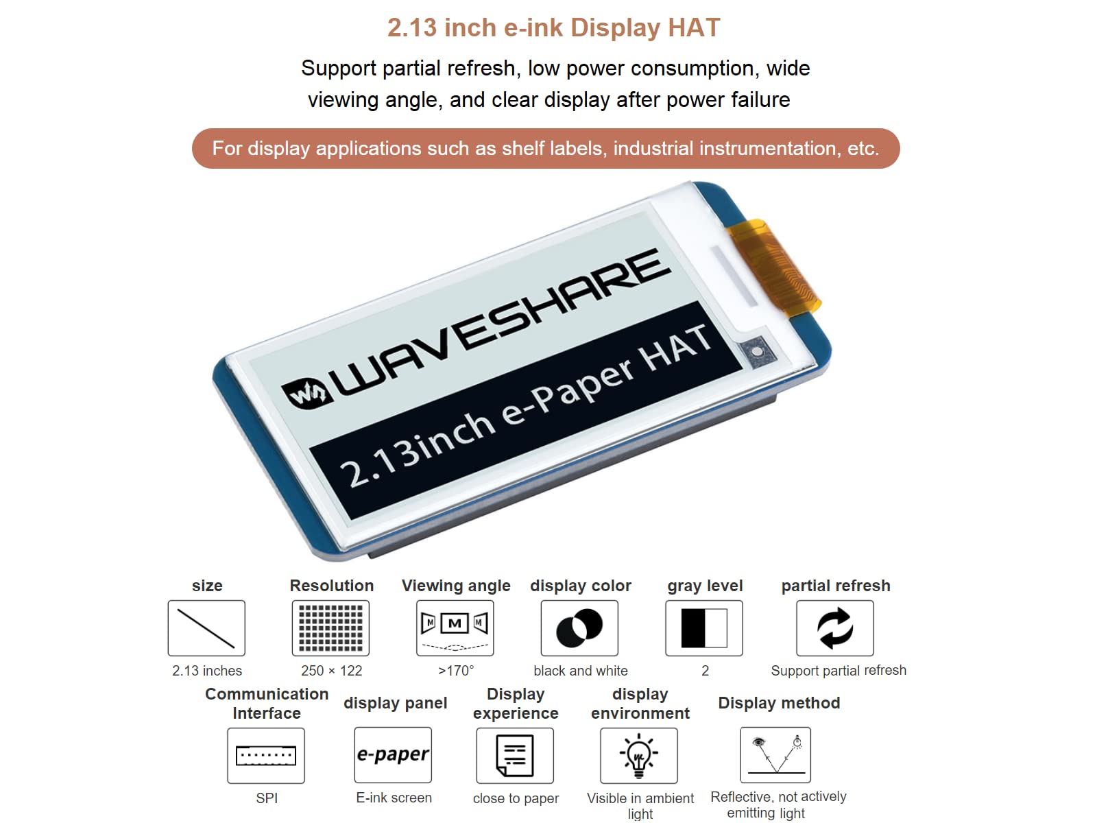 2.13inch E-Ink Display HAT V4 Version, 250x122 Resolution 3.3V/5V Black White Two-Color e-paper Screen Module for Raspberry Pi Zero/Zero W/Zero WH/2B/3B/3B+/4B, Supports Partial Refresh, SPI Interface