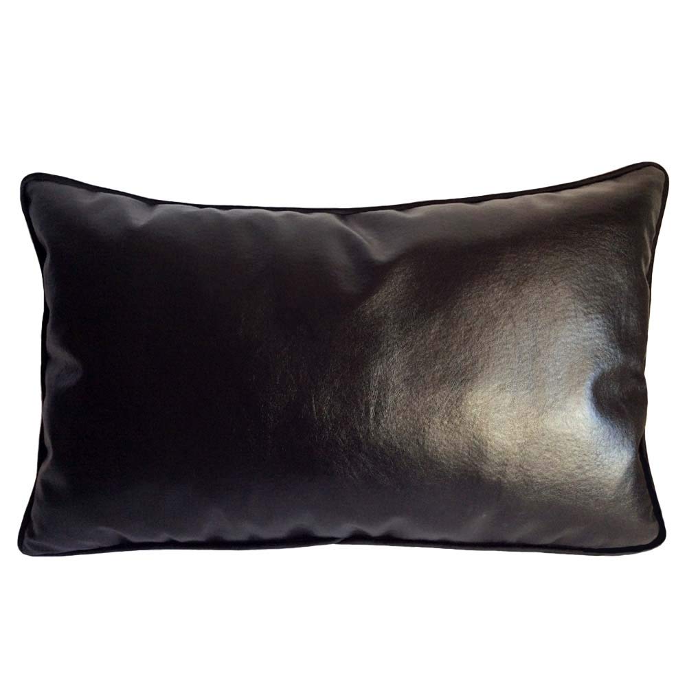 pillowerus Artificial Leather Black 14"x24" Inches Couch Pillowcase Cushion Cover - Modern Fashionable Decorative Throw Lumbar Bolster Pillow Case with Piping for Indoor-Outdoor Home, Office, Car