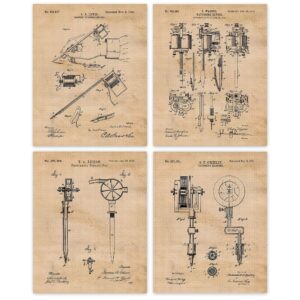 vintage tattoo equipment tools patent print, 4 (8x10) unframed photos, wall art decor gifts for home office gears garage ink artist studio salon lounge design school student teacher apprentice fans