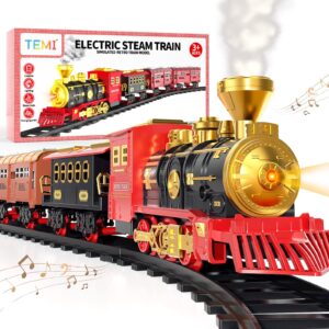 temi train set for kids toddlers 3-5, train with steam engine, cargo car and long track, rechargeable battery play red train toys with smoke, light & sounds, gift for boys & girls 4-7 years