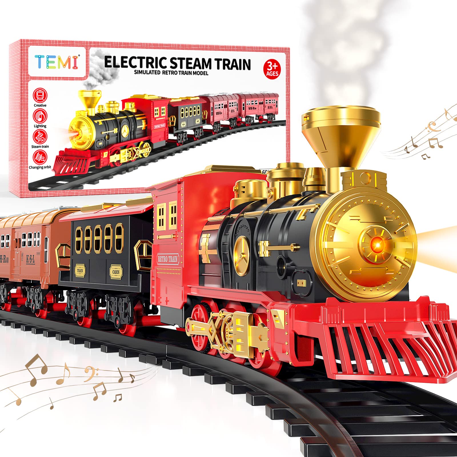 TEMI Train Set for Kids Toddlers 3-5, Train with Steam Engine, Cargo Car and Long Track, Rechargeable Battery Play Red Train Toys with Smoke, Light & Sounds, Gift for Boys & Girls 4-7 Years