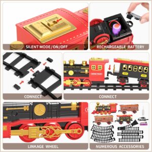 TEMI Train Set for Kids Toddlers 3-5, Train with Steam Engine, Cargo Car and Long Track, Rechargeable Battery Play Red Train Toys with Smoke, Light & Sounds, Gift for Boys & Girls 4-7 Years