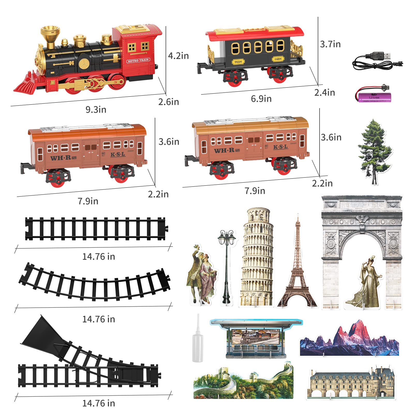 TEMI Train Set for Kids Toddlers 3-5, Train with Steam Engine, Cargo Car and Long Track, Rechargeable Battery Play Red Train Toys with Smoke, Light & Sounds, Gift for Boys & Girls 4-7 Years