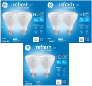 ge refresh 6-pack 65 w equivalent dimmable daylight br30 led light fixture light bulb, packaging may vary