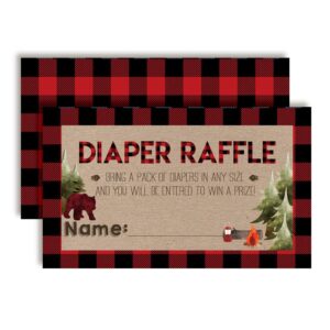 amanda creation oh boy! outdoorsy red and black plaid lumberjack diaper raffle tickets for boy baby showers, 20 2" x 3” double sided inserts, bring a pack of diapers to win favors & p