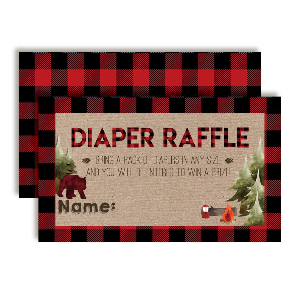 Amanda Creation Oh Boy! Outdoorsy Red and Black Plaid Lumberjack Diaper Raffle Tickets for Boy Baby Showers, 20 2" X 3” Double Sided Inserts, Bring a Pack of Diapers to Win Favors & P