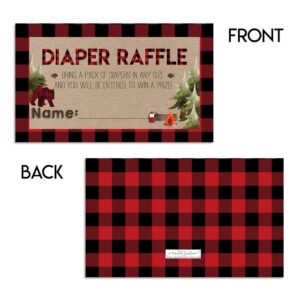 Amanda Creation Oh Boy! Outdoorsy Red and Black Plaid Lumberjack Diaper Raffle Tickets for Boy Baby Showers, 20 2" X 3” Double Sided Inserts, Bring a Pack of Diapers to Win Favors & P