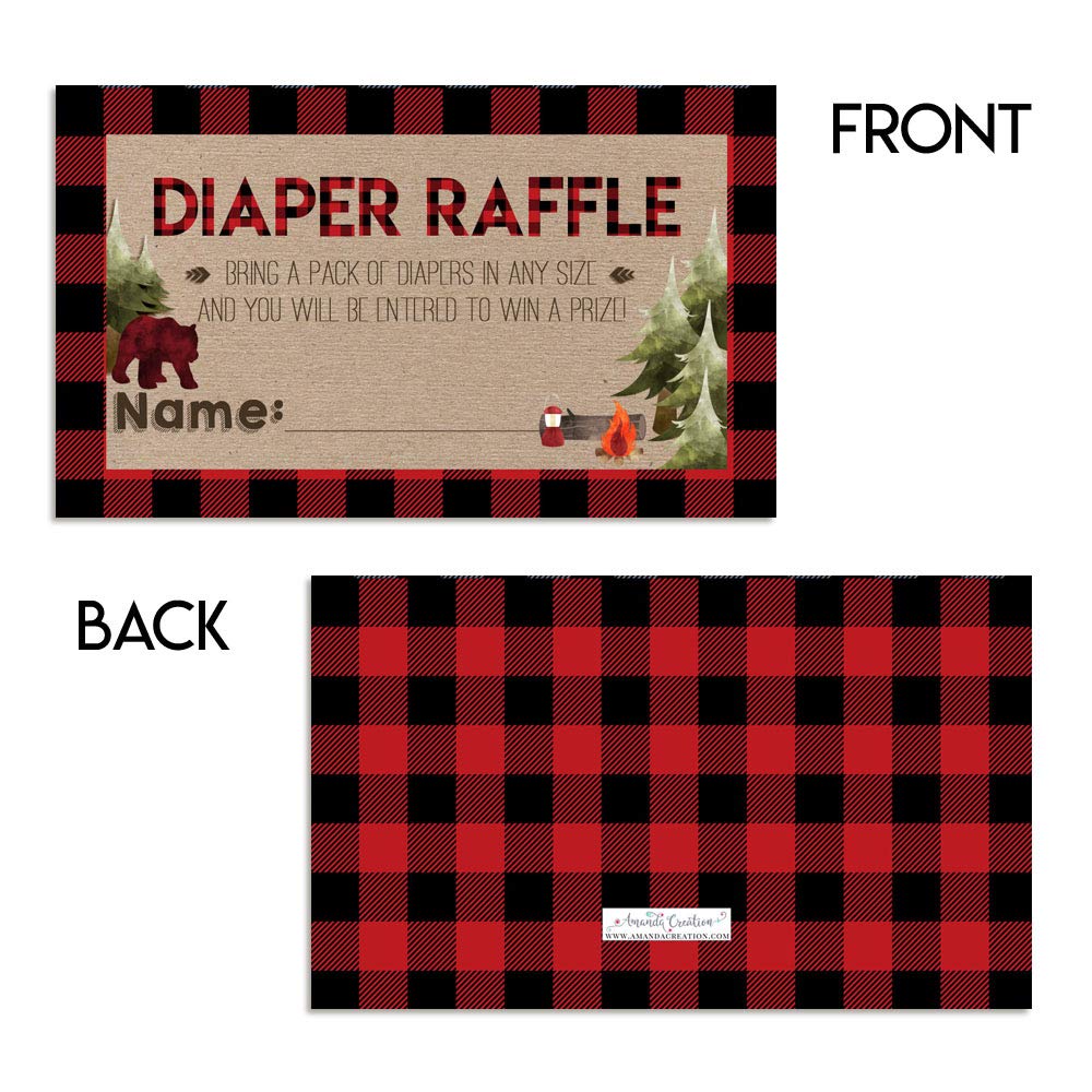 Amanda Creation Oh Boy! Outdoorsy Red and Black Plaid Lumberjack Diaper Raffle Tickets for Boy Baby Showers, 20 2" X 3” Double Sided Inserts, Bring a Pack of Diapers to Win Favors & P