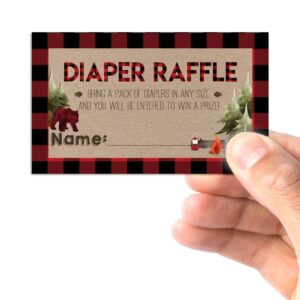 Amanda Creation Oh Boy! Outdoorsy Red and Black Plaid Lumberjack Diaper Raffle Tickets for Boy Baby Showers, 20 2" X 3” Double Sided Inserts, Bring a Pack of Diapers to Win Favors & P