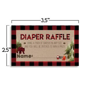 Amanda Creation Oh Boy! Outdoorsy Red and Black Plaid Lumberjack Diaper Raffle Tickets for Boy Baby Showers, 20 2" X 3” Double Sided Inserts, Bring a Pack of Diapers to Win Favors & P