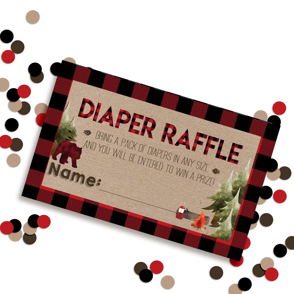 Amanda Creation Oh Boy! Outdoorsy Red and Black Plaid Lumberjack Diaper Raffle Tickets for Boy Baby Showers, 20 2" X 3” Double Sided Inserts, Bring a Pack of Diapers to Win Favors & P