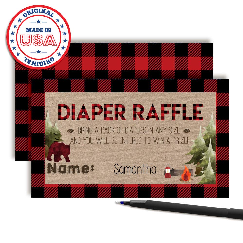 Amanda Creation Oh Boy! Outdoorsy Red and Black Plaid Lumberjack Diaper Raffle Tickets for Boy Baby Showers, 20 2" X 3” Double Sided Inserts, Bring a Pack of Diapers to Win Favors & P